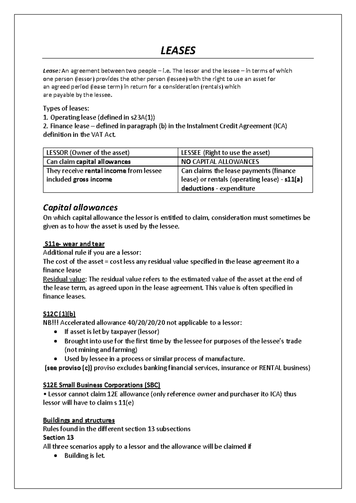 Leases - Summary Taxation 327 - LEASES Lease: An agreement between two ...