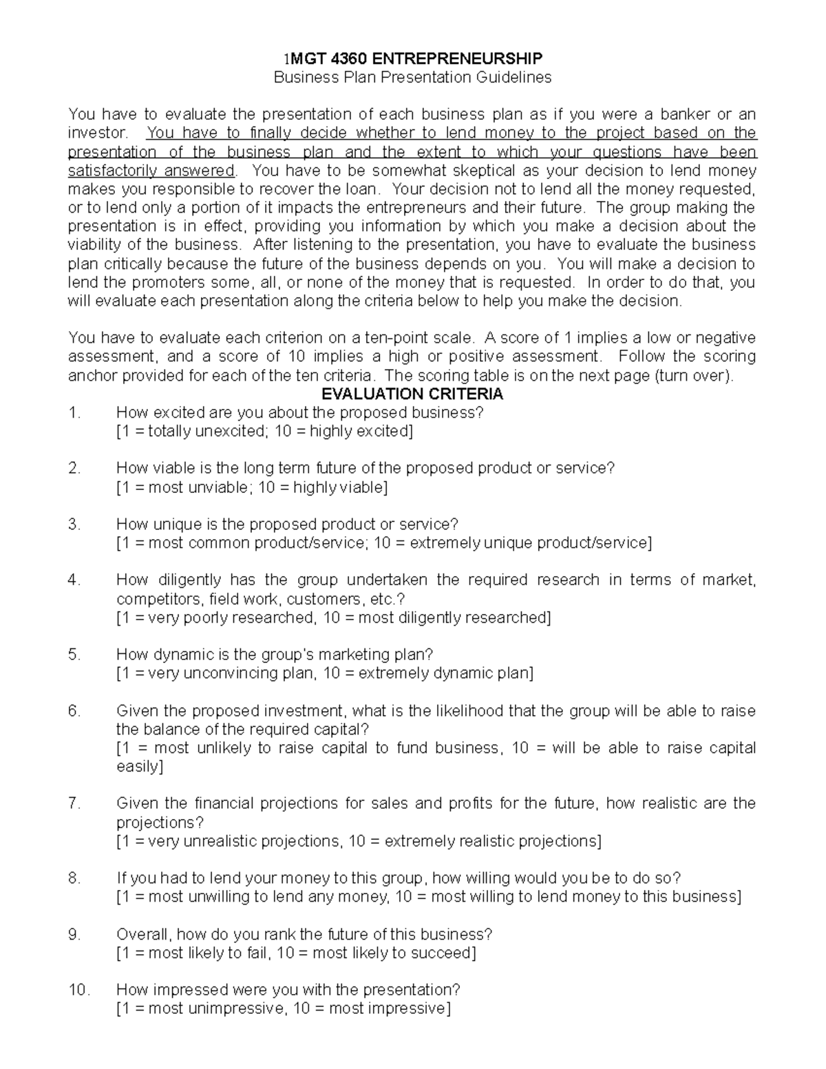 Business Plan Presentation Guidelines - 1 MGT 4360 ENTREPRENEURSHIP ...