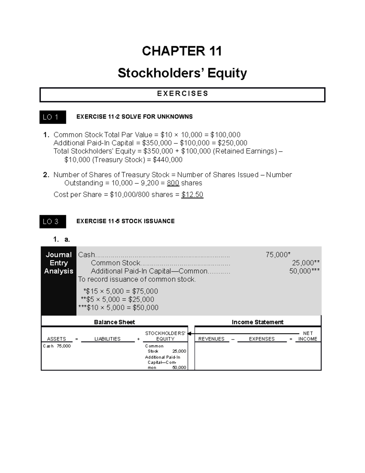 Chp 11 Homework Solutions ACCT 229 - CHAPTER 11 Stockholders’ Equity E X E R C I S E S LO 1 ...