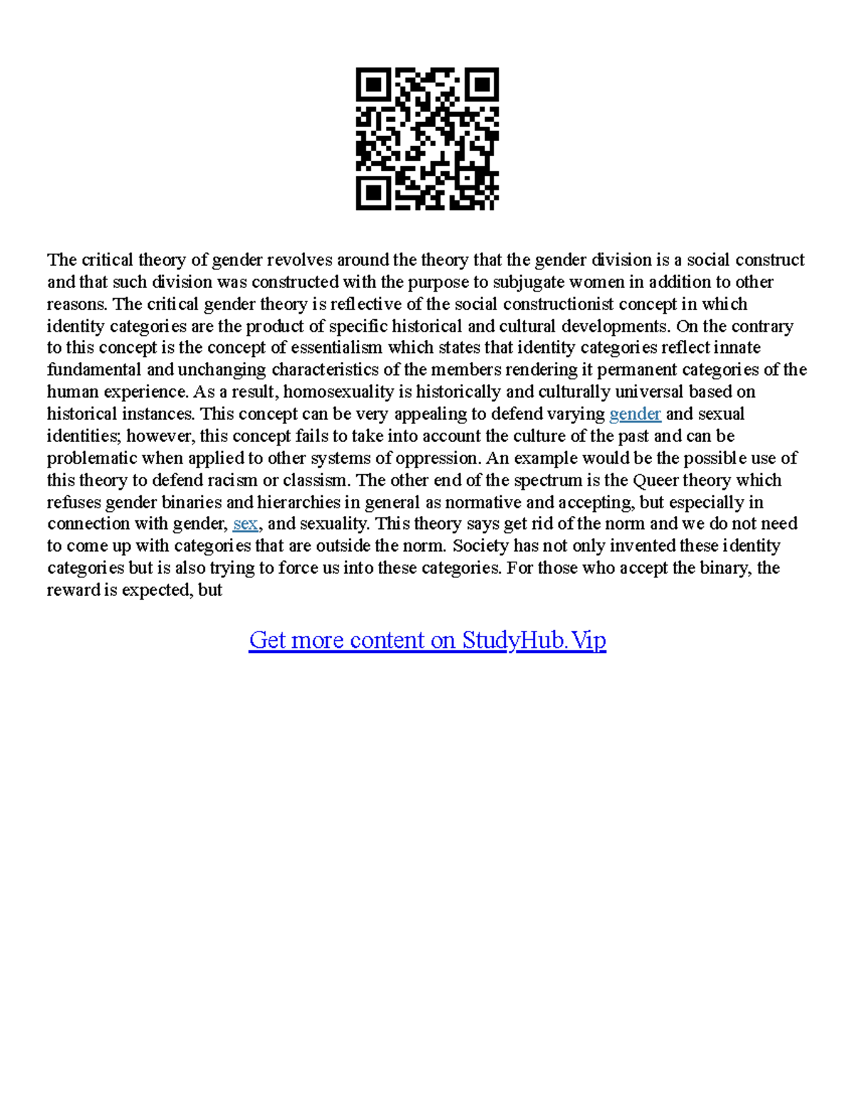 Gender Analysis Essay - The critical theory of gender revolves around ...