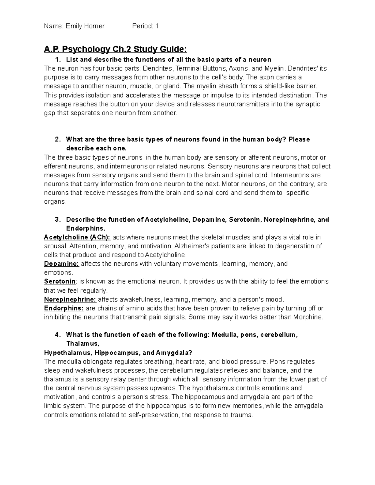 AP Psych Ch.2 Homework - biology - Name: Emily Horner Period: 1 A ...