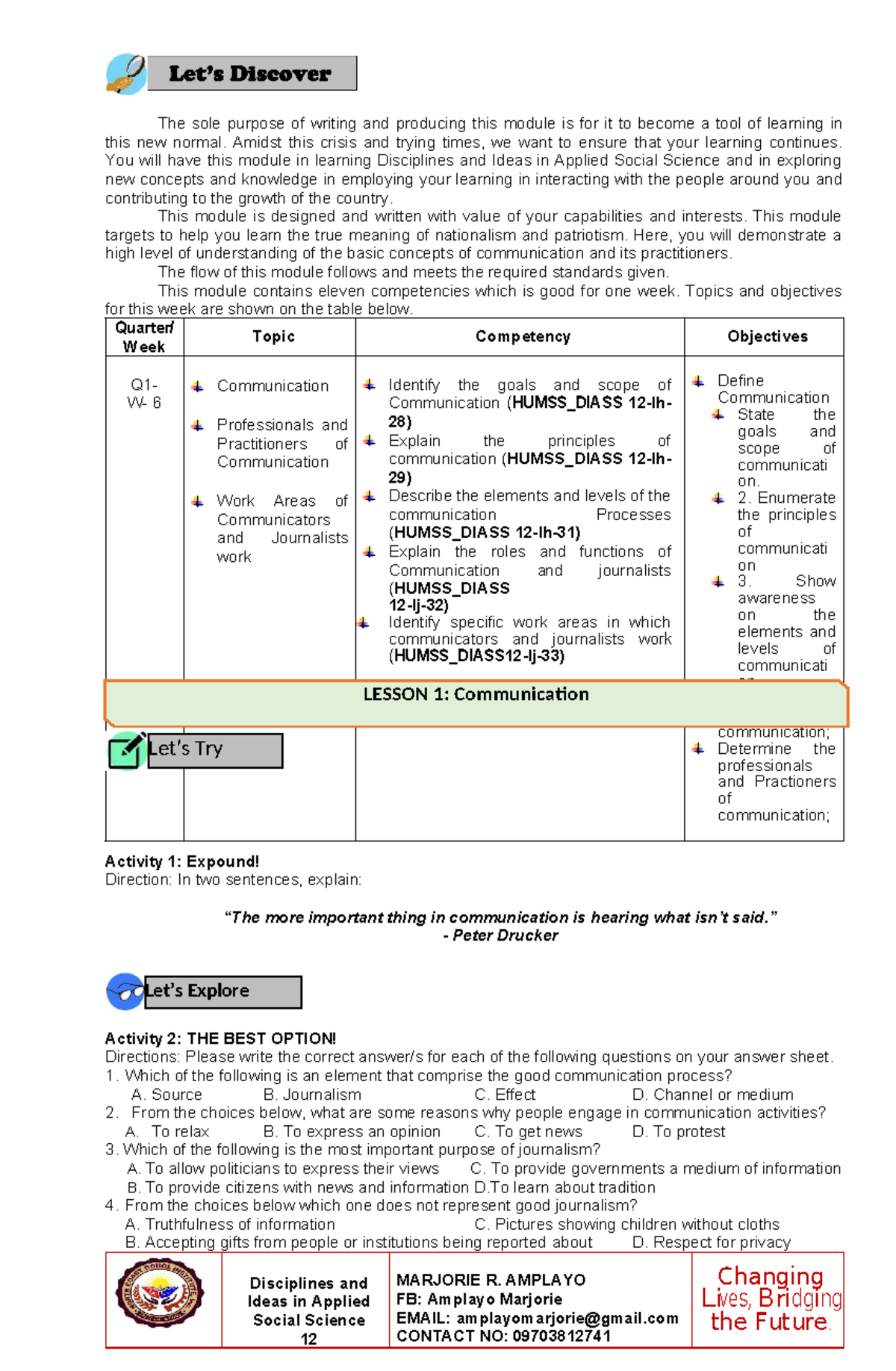 Quarter 1 week 6 - These are modules and exam for DIASS 12 - The sole ...