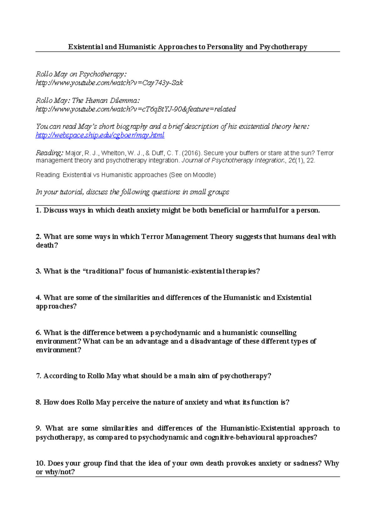 Existentialism Student Handout - Existential and Humanistic Approaches ...