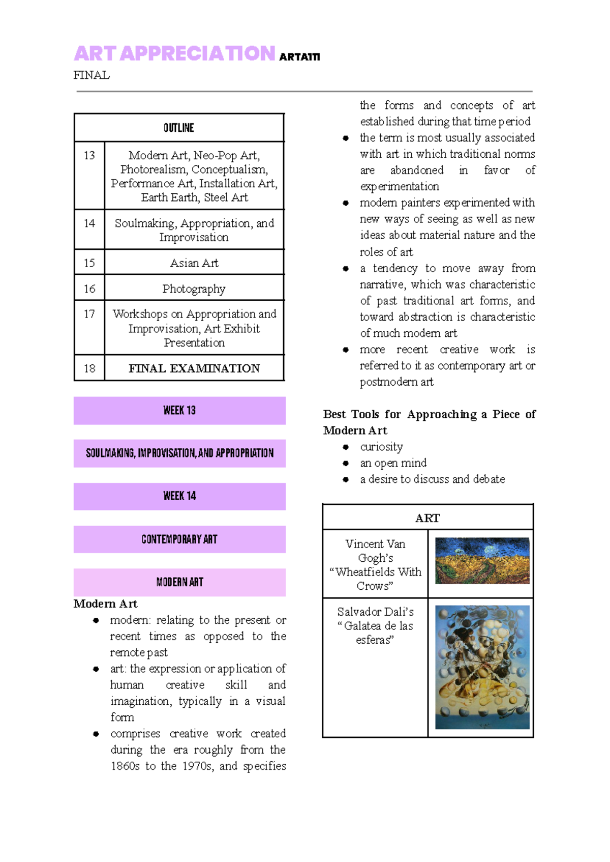 ARTA111 f Transes - ART APPRECIATION ARTA FINAL OUTLINE 13 Modern Art ...