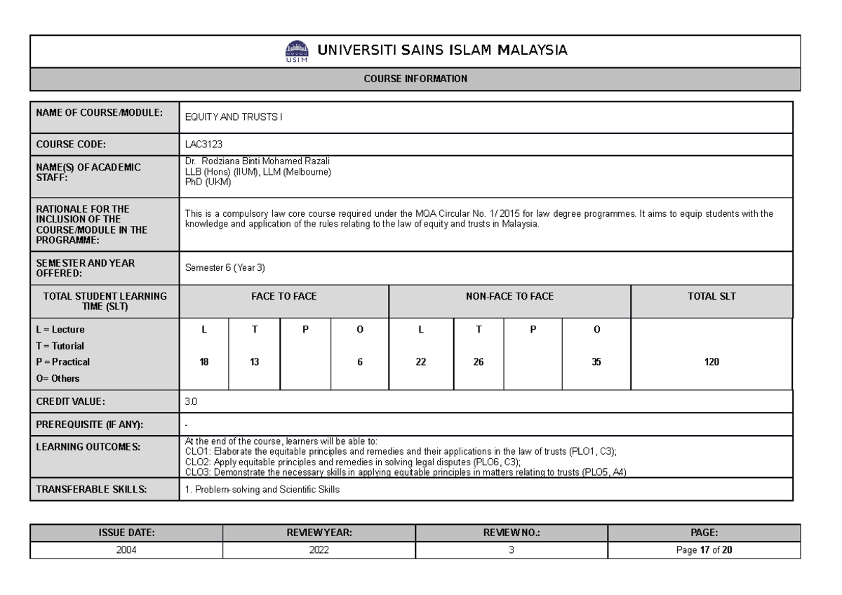 Equity 1 Course Outline - MQF1.0 LAC3123 - V1 (7 Feb 2022) - COURSE ...