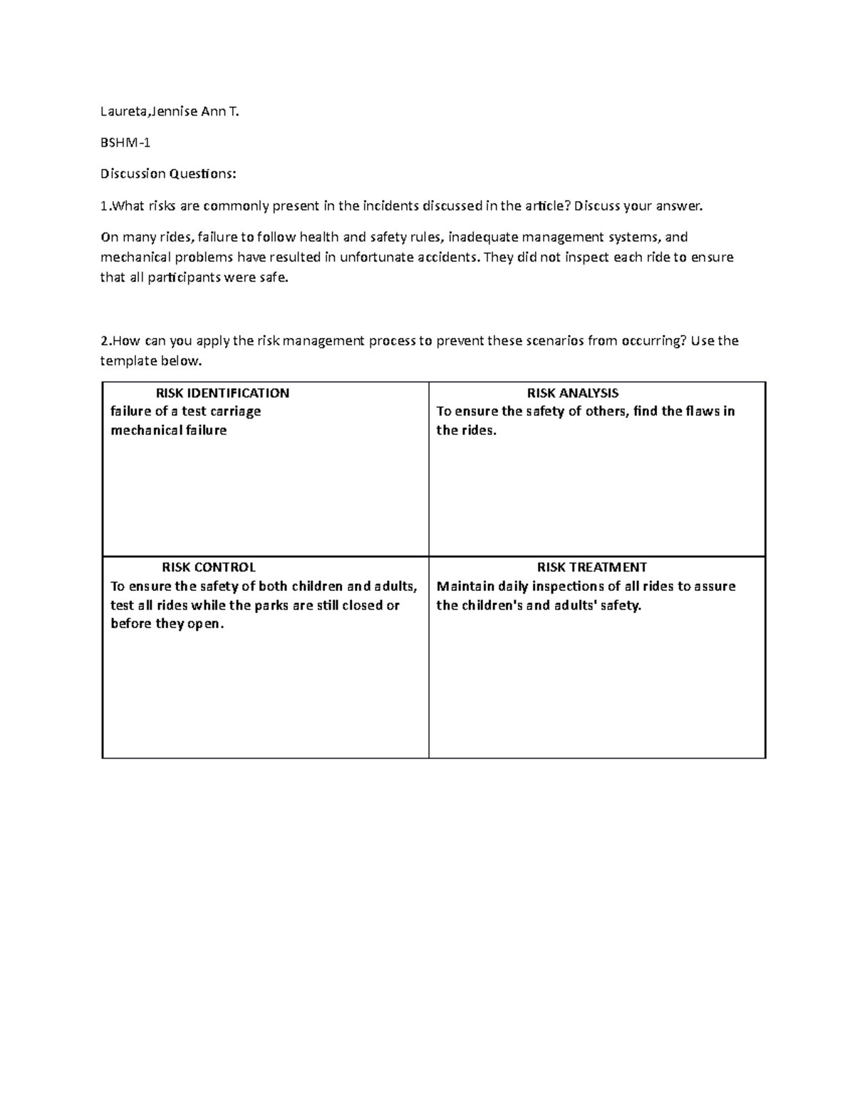 08 seatwork paper work - Laureta,Jennise Ann T. BSHM- Discussion ...