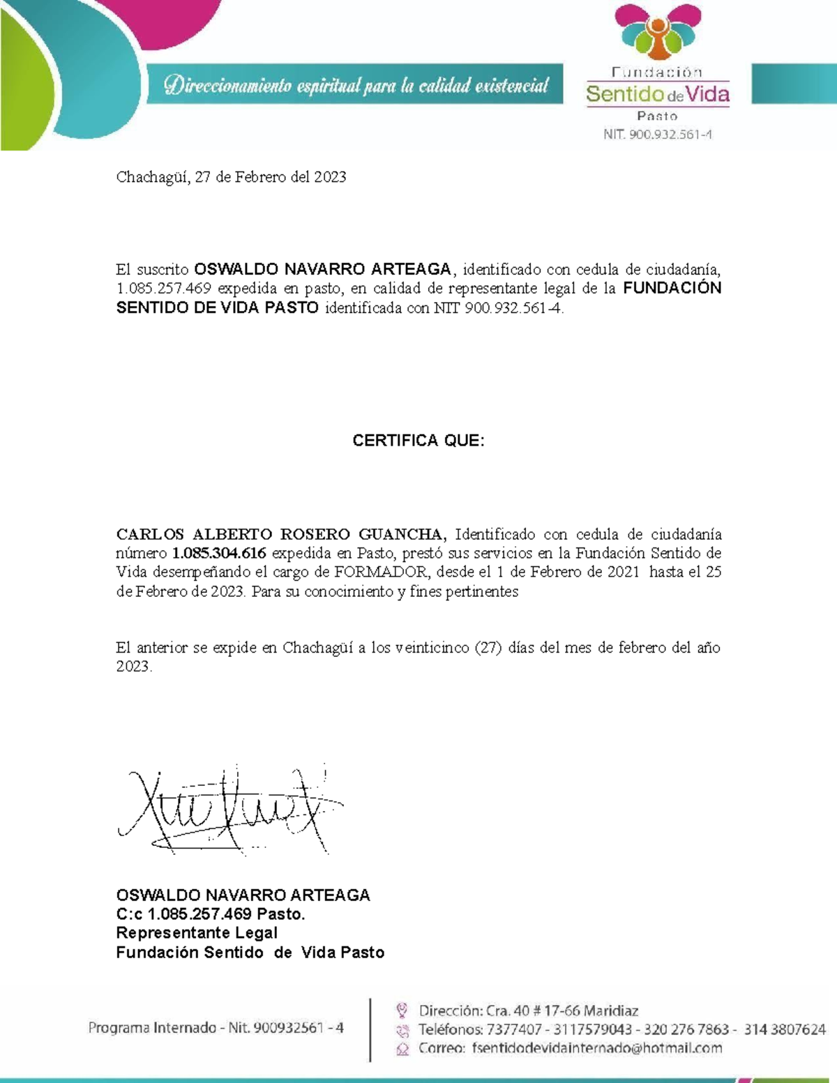Certificado laboral fsdv - Chachagüí, 27 de Febrero del 2023 El ...