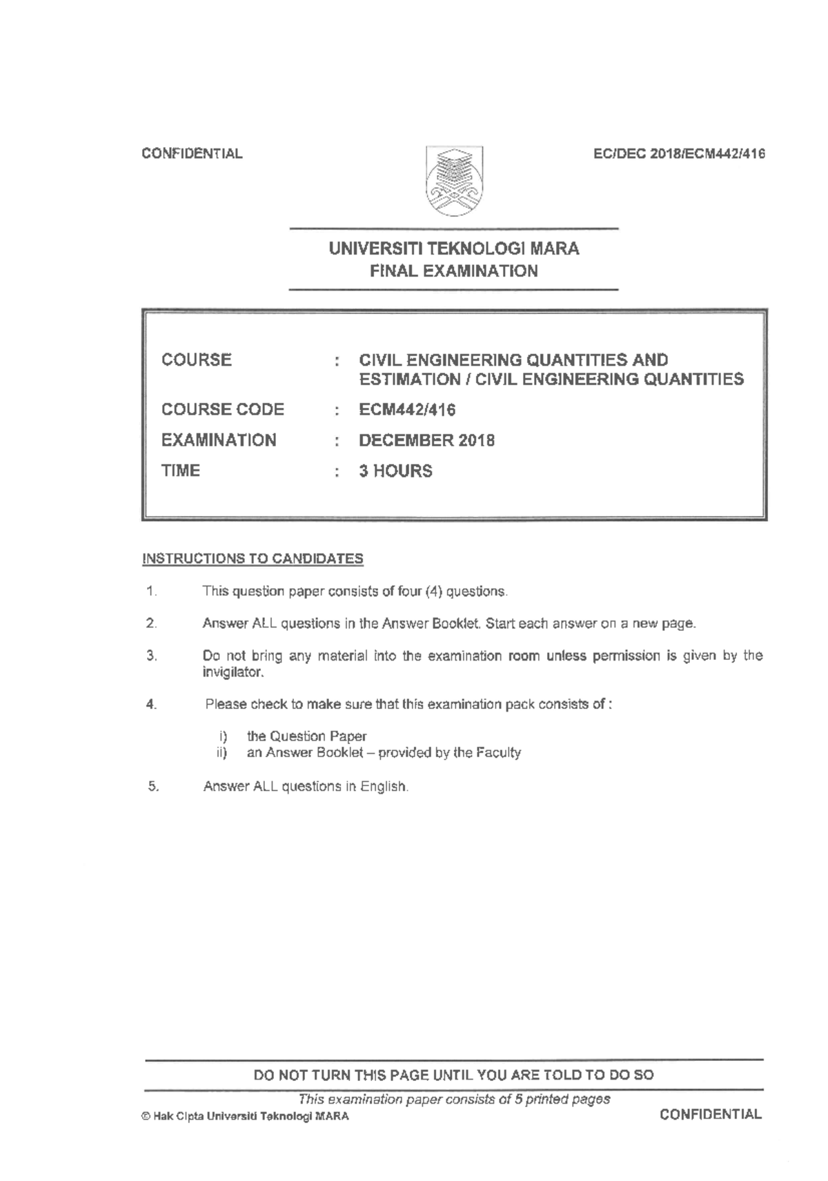 ECM442 416 DEC 2018 - Past year question civil engineering quantity and ...