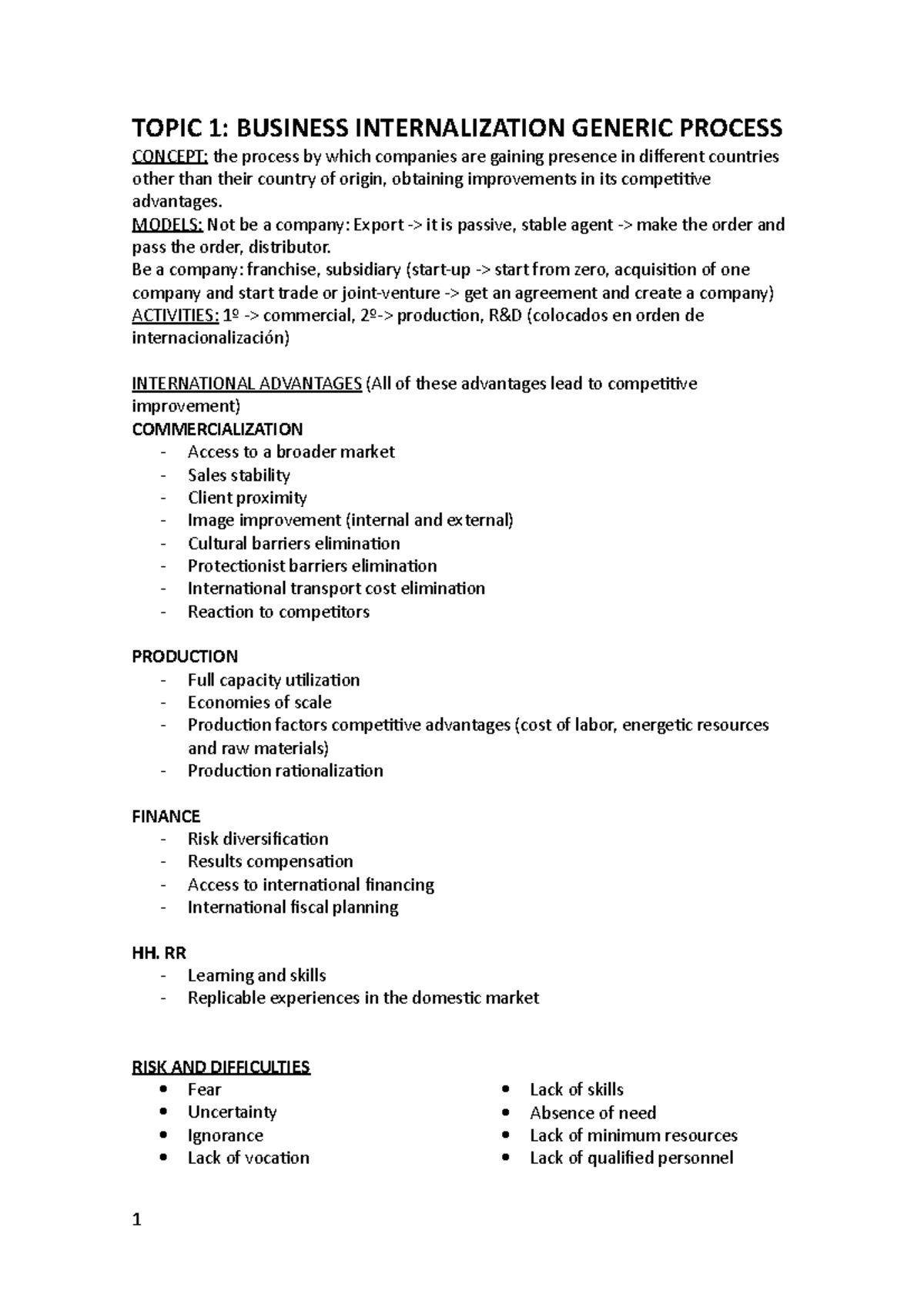Apuntes Gestion - TOPIC 1: BUSINESS INTERNALIZATION GENERIC PROCESS ...