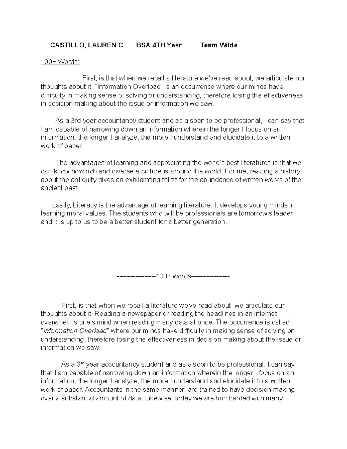 Castillo First Assignment World Literature - CASTILLO, LAUREN C. BSA ...