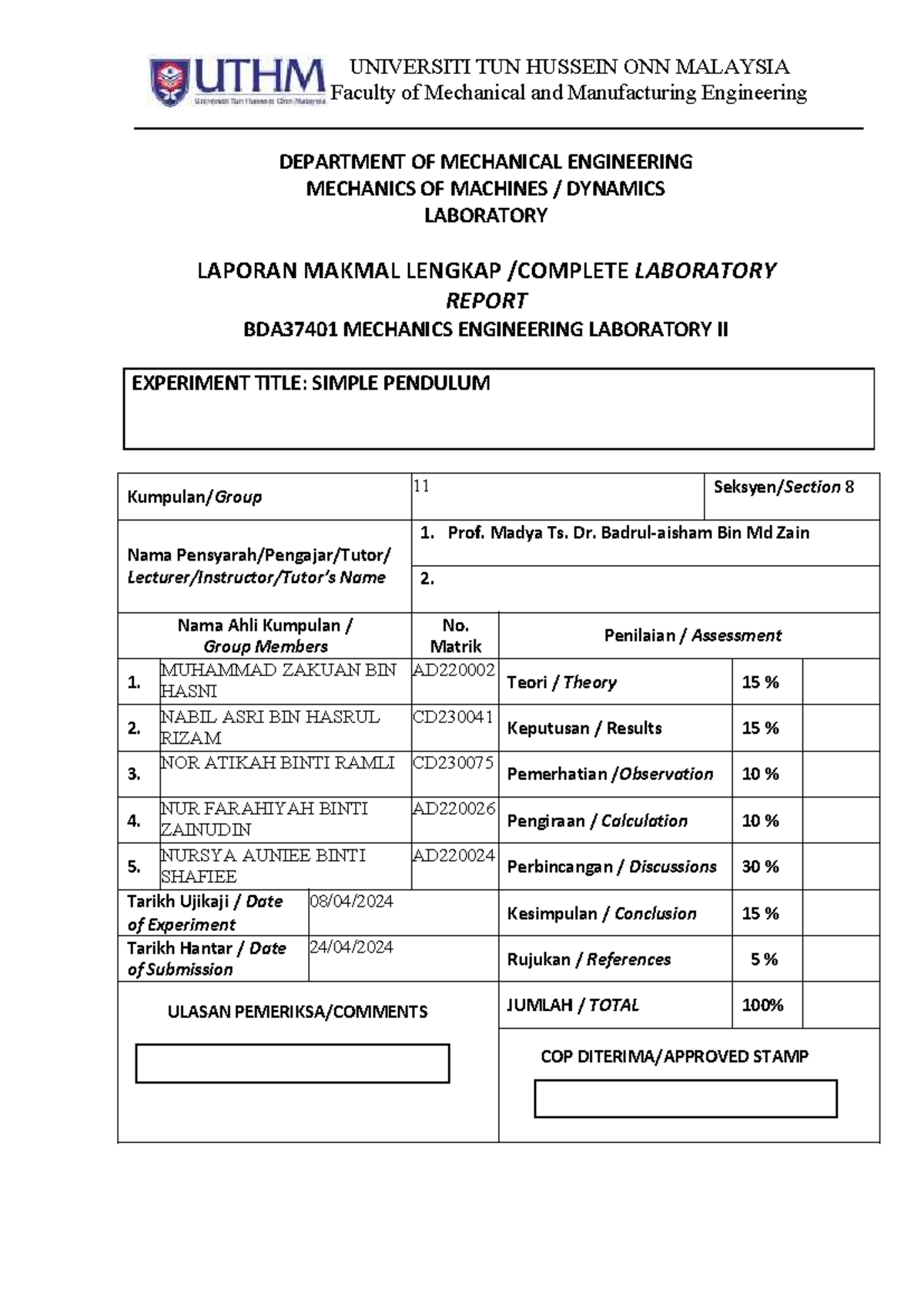 LAB 6 Group 11 SEC 8 - Summary Mekanik Bendalir - EXPERIMENT TITLE ...