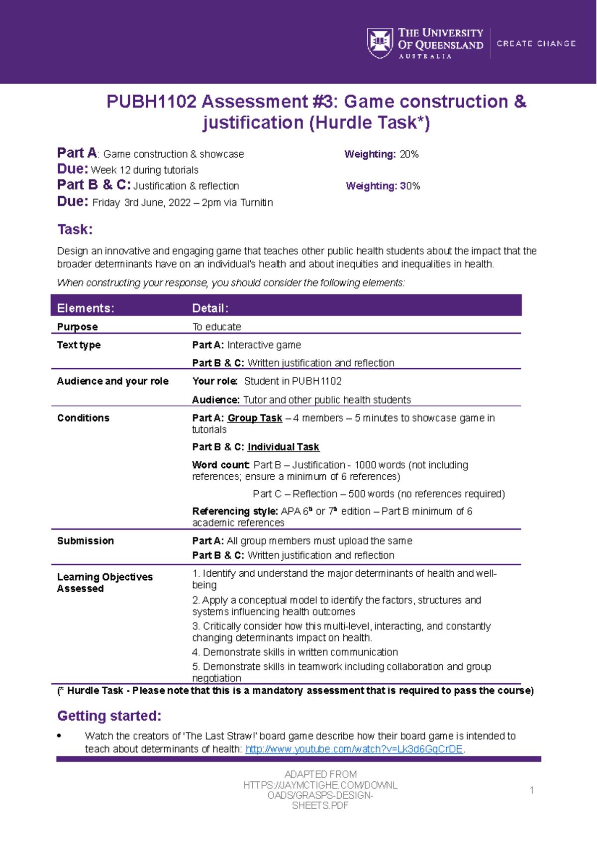 Task 3 Task Sheet post pause 110522 - PUBH1102 Assessment #3: Game ...