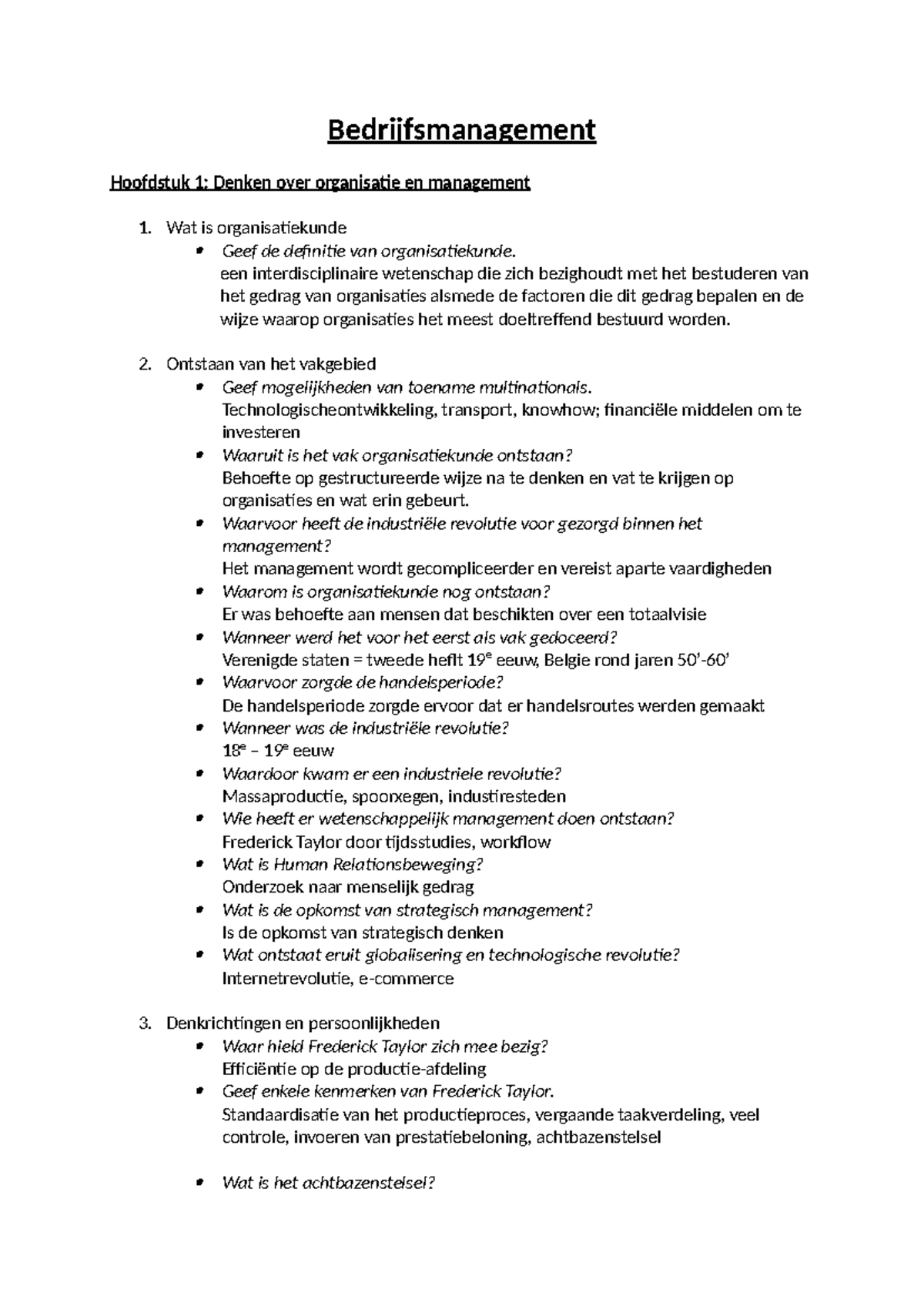 Vragen Bedrijfsmanagement - Bedrijfsmanagement Hoofdstuk 1: Denken over ...