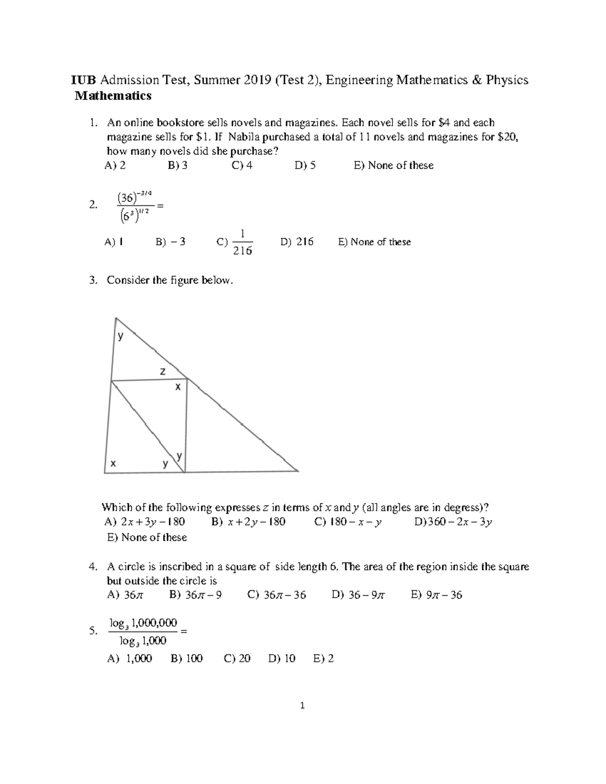 Engineering Math Sample Question - IUB Admission Test, Summer 2019 ...