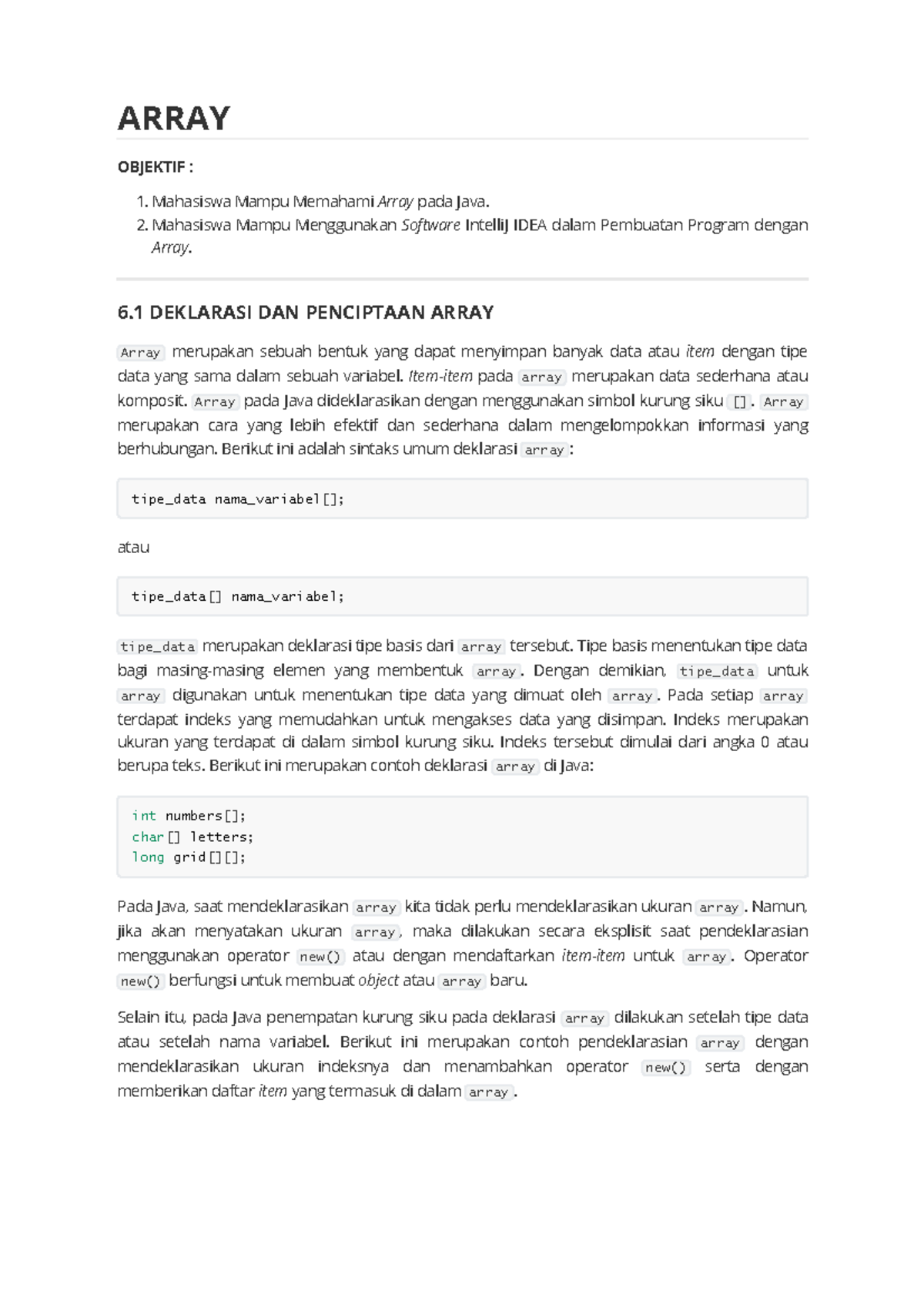 Topik 6 Array Pemrograman Berorientasi Objek Array Objektif 1 Mahasiswa Mampu Memahami