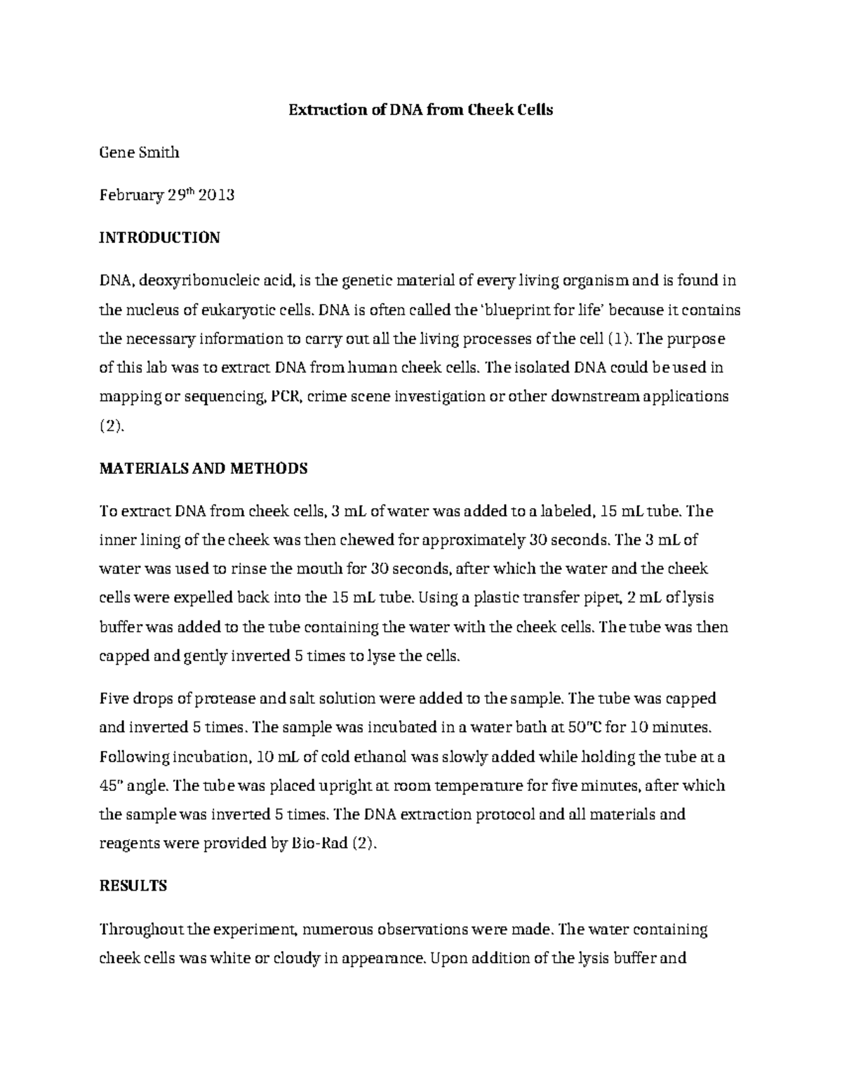 Sample lab report- DNA extraction from cheek cells - Extraction of DNA ...