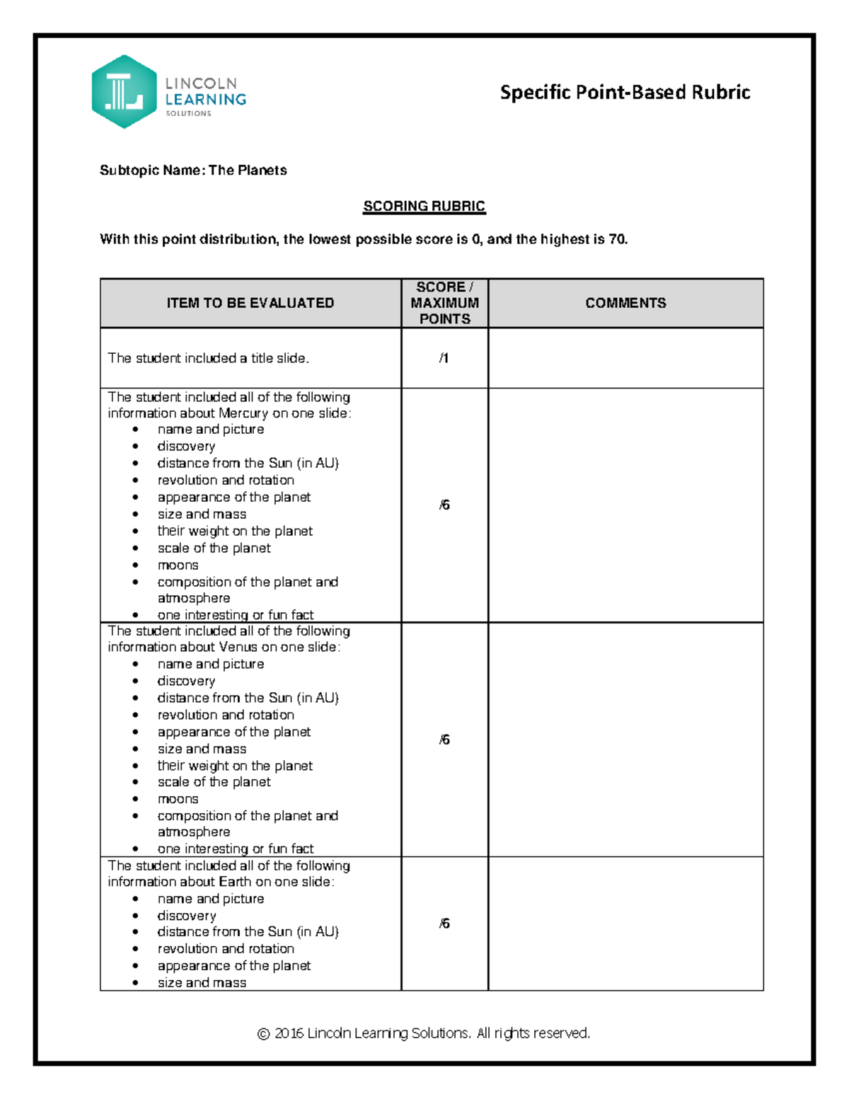 SC Earth Science The Planets Assess It Rubric - Subtopic Name: The ...