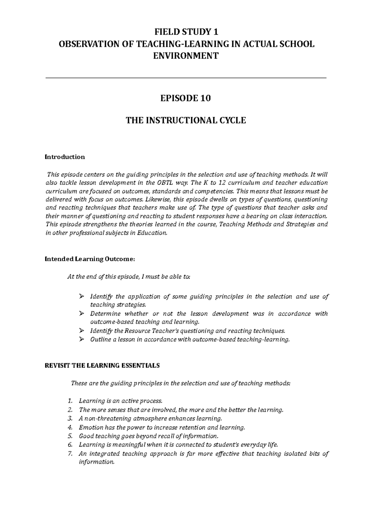 FS1 Episode 10-12 - none - FIELD STUDY 1 OBSERVATION OF TEACHING ...