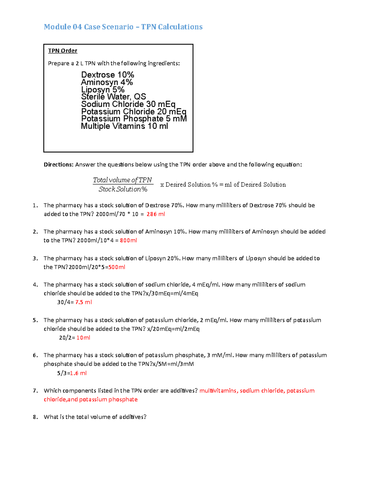 Use A Tpn Formula To Calculate Volumes Module 4 Module 04 Case