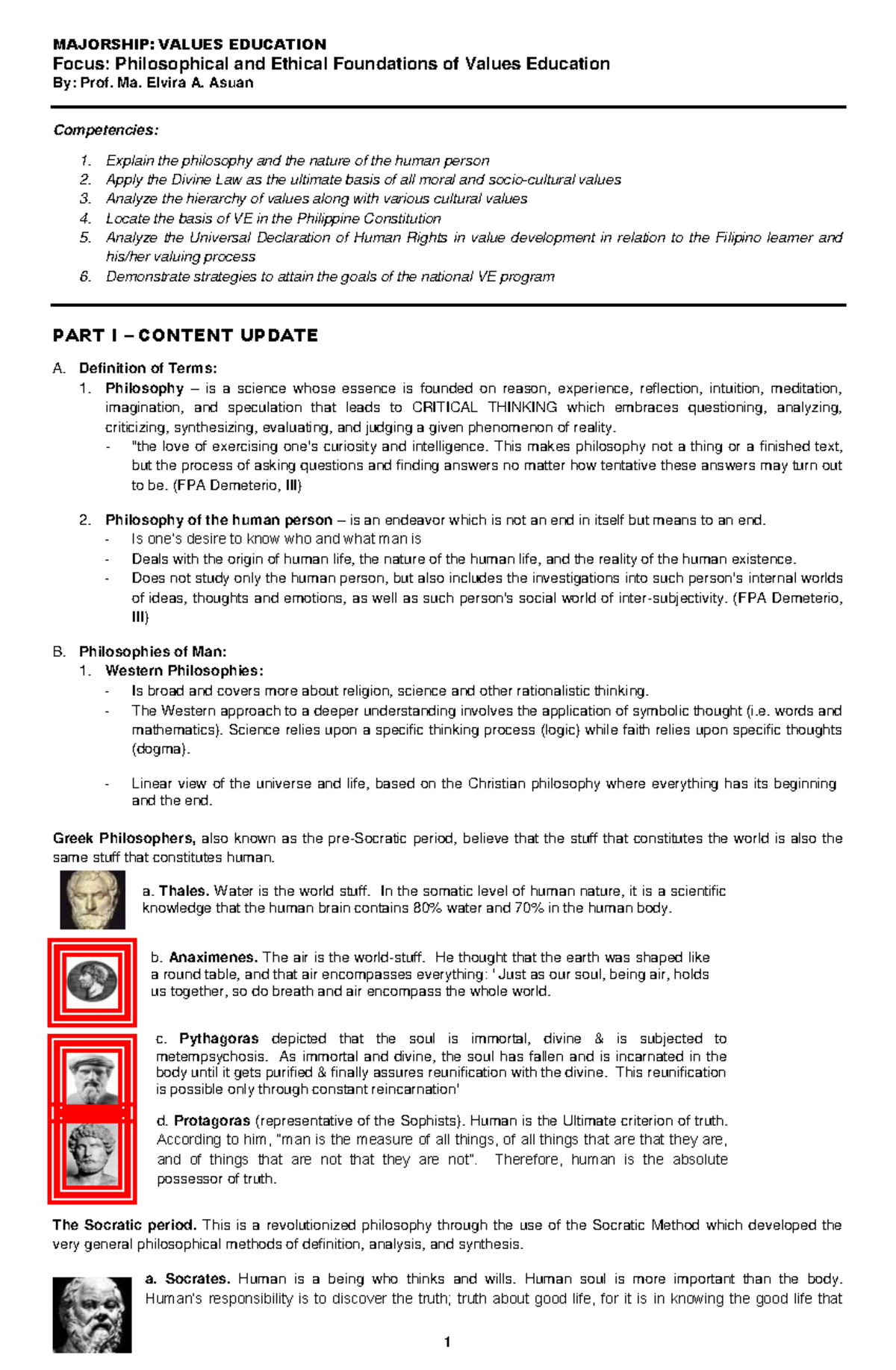 1 - VALUES EDUCATION REVIEWER - Focus: Philosophical and Ethical ...
