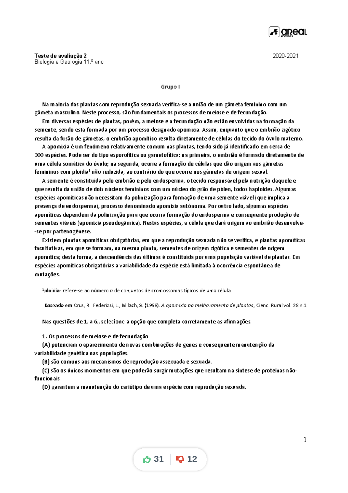 Teste avaliacao 2 areal 2020 21 - 1 Teste de avaliação 2 2020 ...