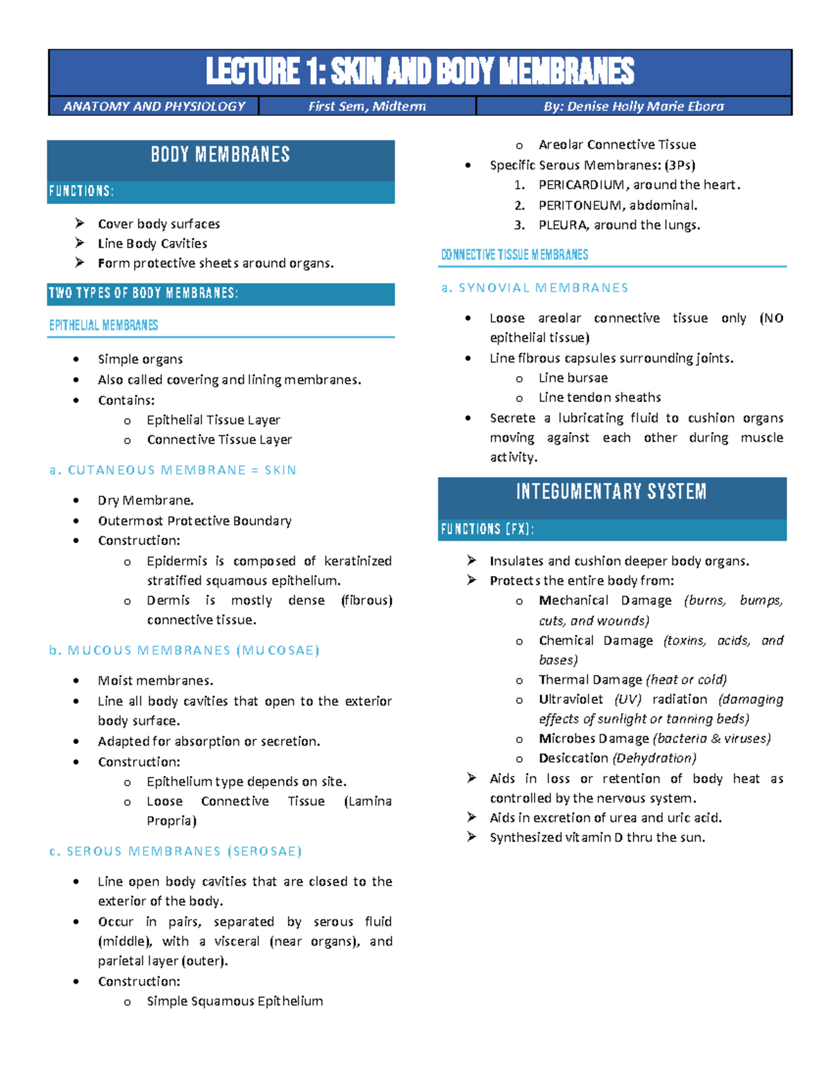 Anatomy and Physiology - LECTURE 1: Skin and body membranes ANATOMY AND ...