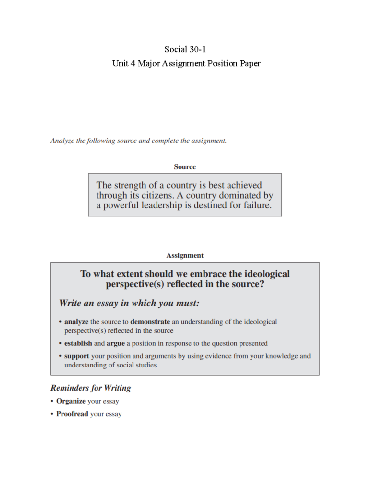 30-1 Unit 4 Major Assignment Position Paper - Social 30- Unit 4 Major ...
