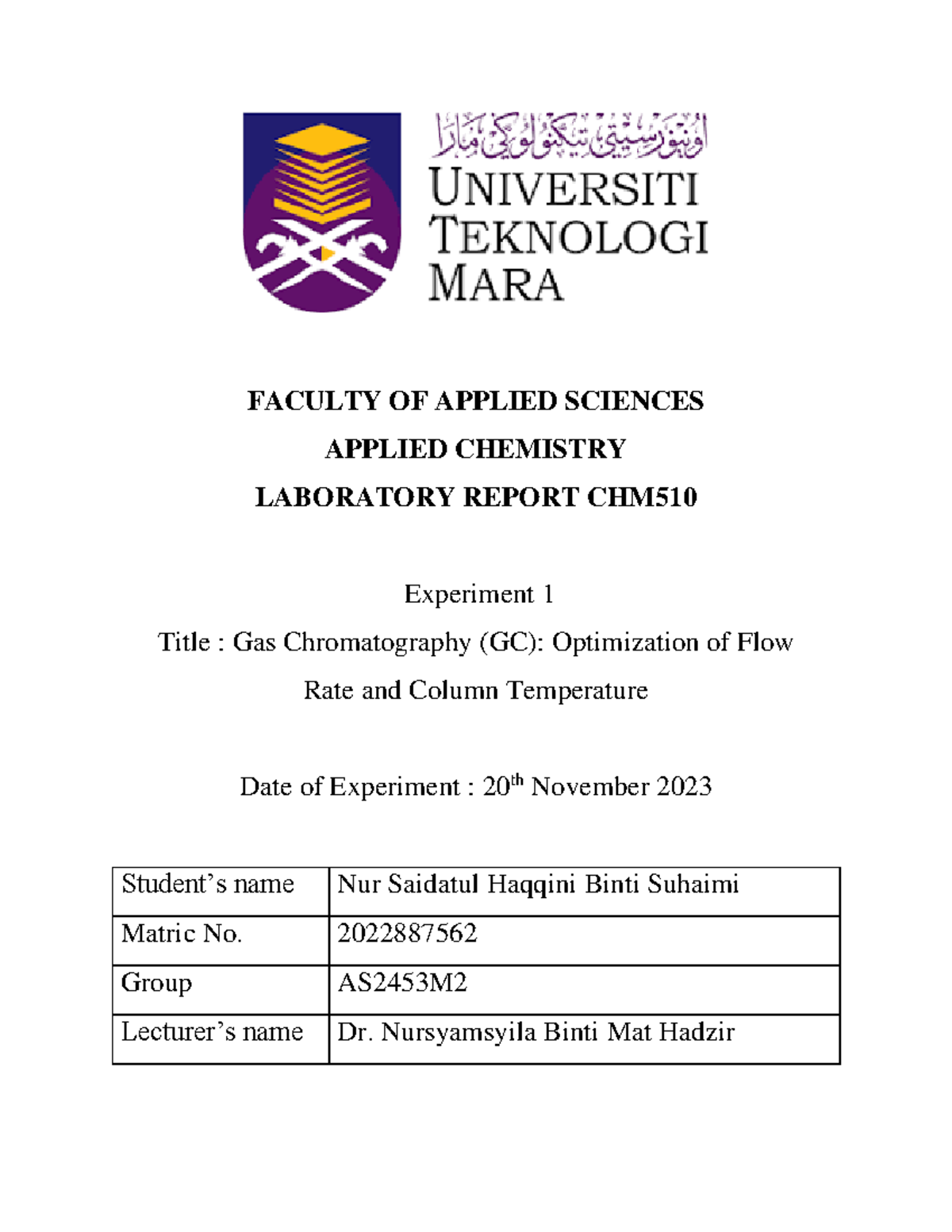 CHM510 LAB Reports - lab report - FACULTY OF APPLIED SCIENCES APPLIED CHEMISTRY LABORATORY ...