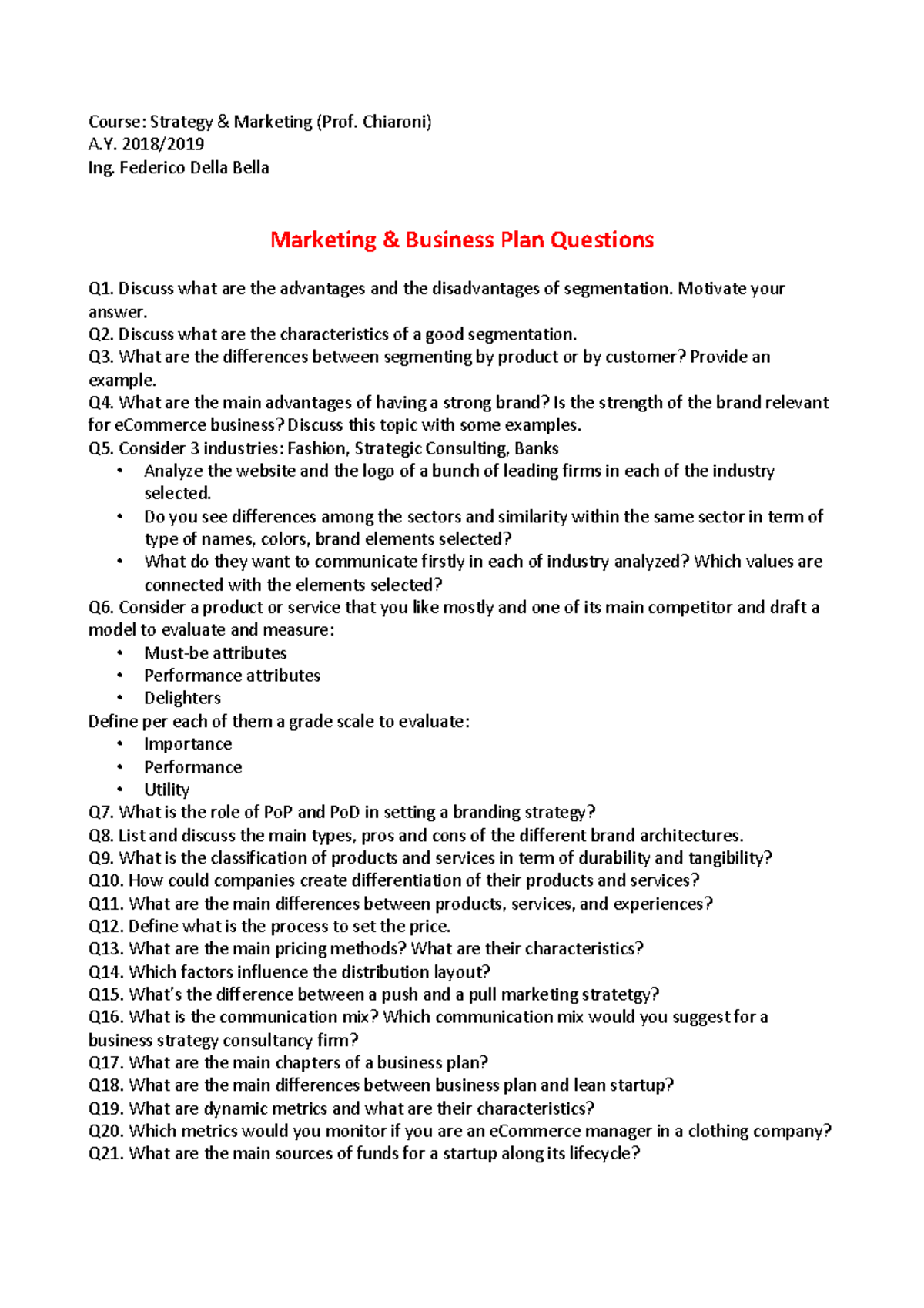 Marketing and Business Plan Exercises 2018 2019 - Course: Strategy ...