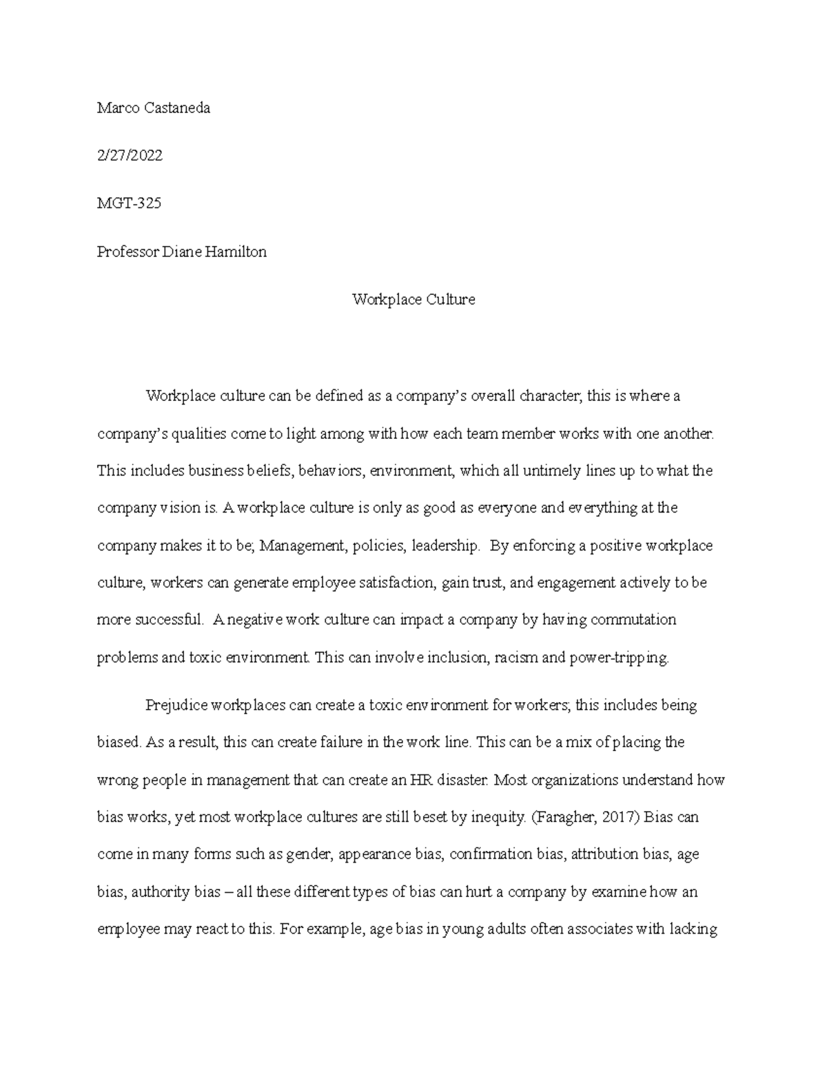 Workplace culture assignment completed - Marco Castaneda 2/27/ MGT ...