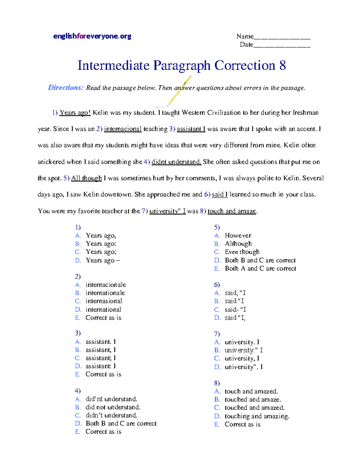 Intermediate Paragraph Correction 8 - englishforeveryone Name ...