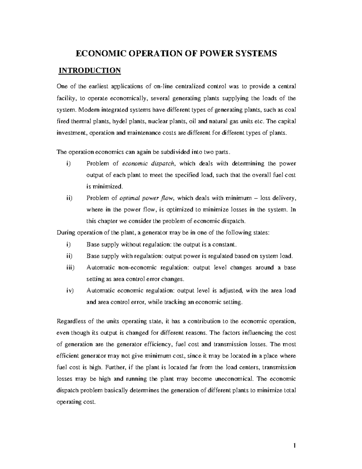 Economic Operation OF Power Systems INTR - ECONOMIC OPERATION OF POWER ...