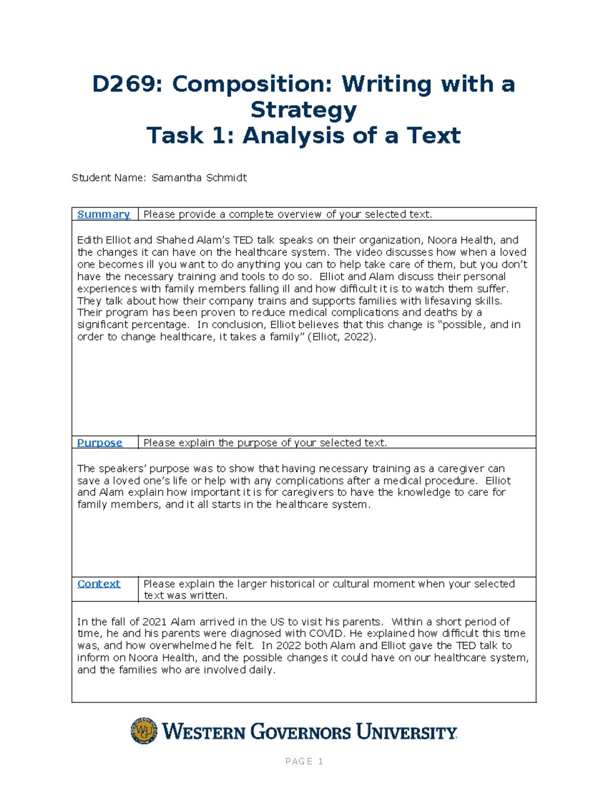 Task 1 Template - none - D269: Composition: Writing with a Strategy Task 1: Analysis of a Text ...