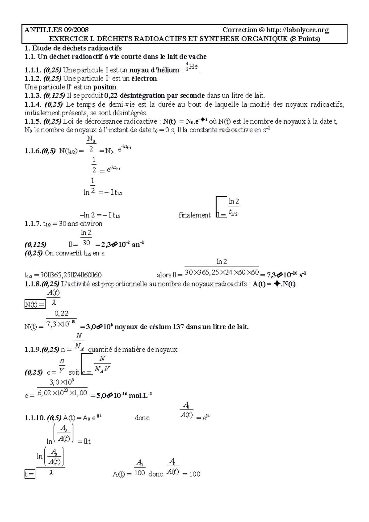 2008 09 Antilles Exo1 Correction Nucleaire Ester 8pts - ANTILLES 09/2008 Correction © labolycee ...