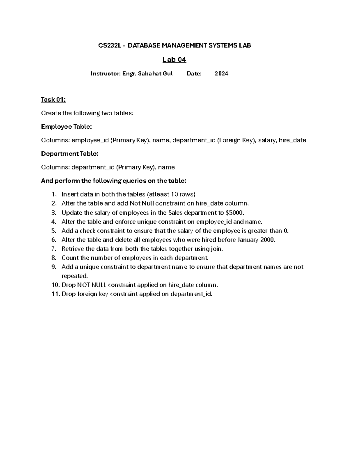 CS232L(DS)-Lab4 tasks - CS 232 L - DATABASE MANAGEMENT SYSTEMS LAB Lab 0 4 Instructor: Engr ...