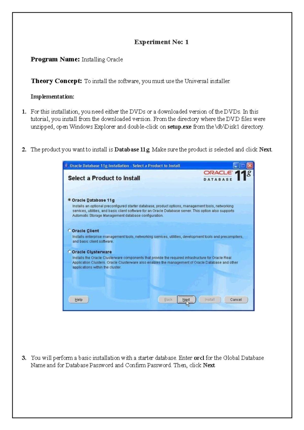 DBMS file 2 removed - Gbdijddghh - Experiment No: 1 Program Name: Installing Oracle Theory ...