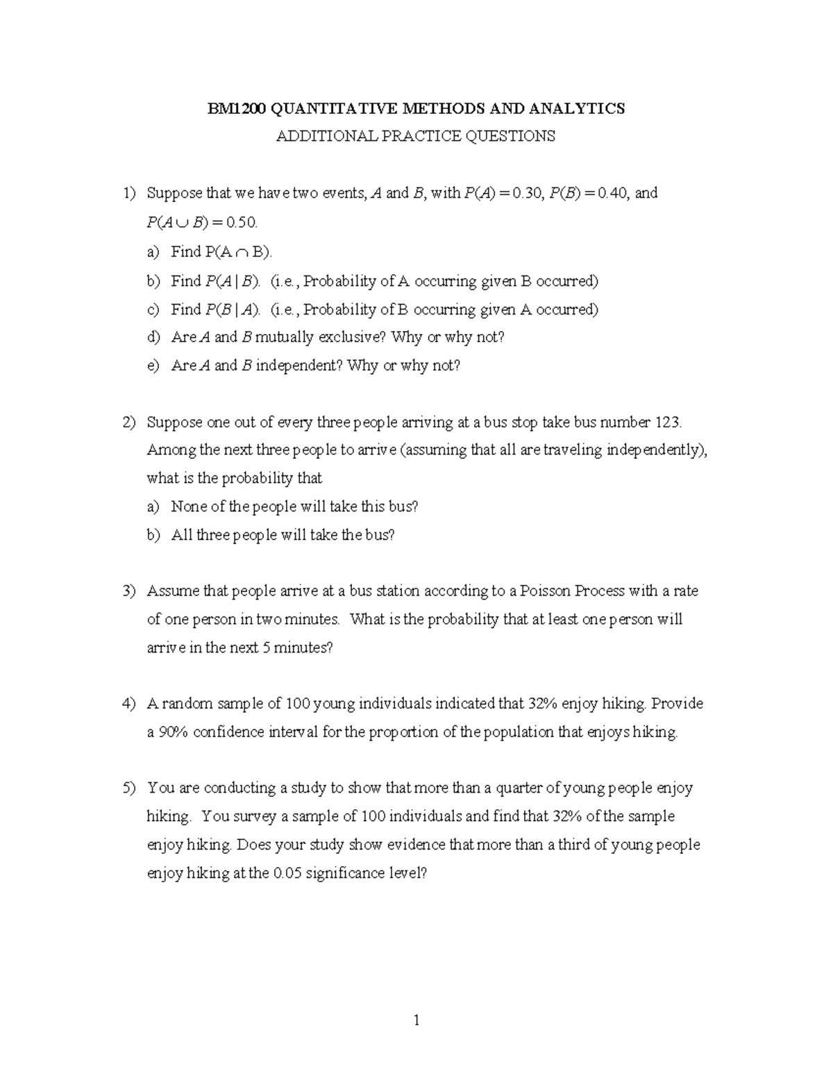 Sample/practice exam 2020, questions - 1 BM1200 QUANTITATIVE METHODS AND ANALYTICS ADDITIONAL ...