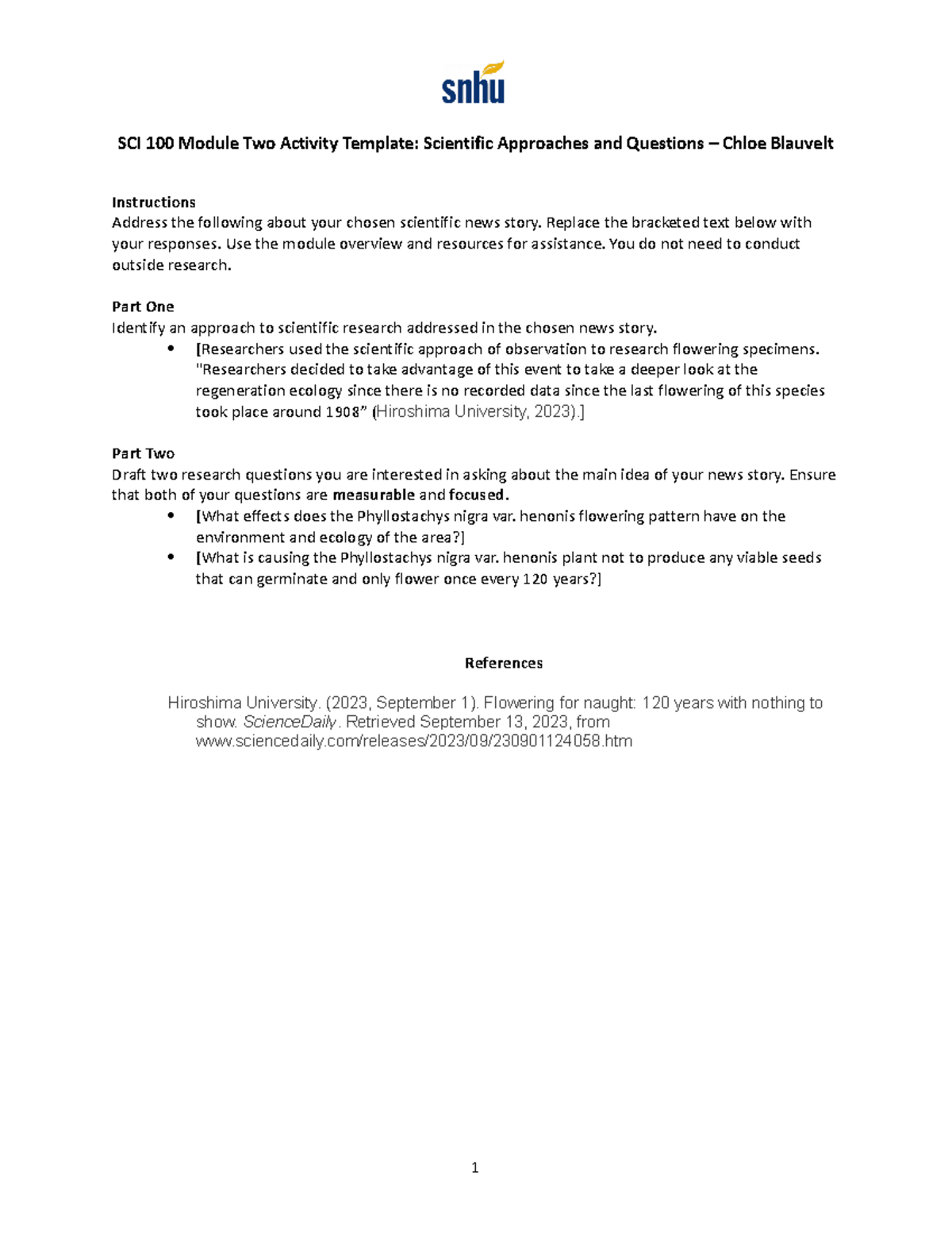 SCI 100 Module Two Activity Template - Replace the bracketed text below with your responses. Use ...