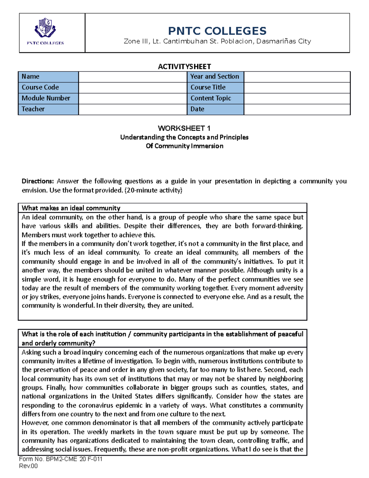 civic welfare training service worksheet 1 - Zone III, Lt. Cantimbuhan ...