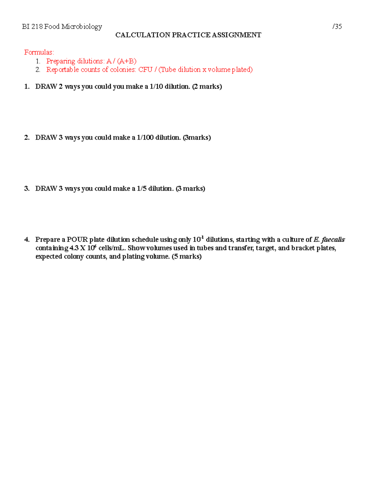 W23 Calculation Practice Assignment - BI 218 Food Microbiology / CALCULATION PRACTICE ASSIGNMENT ...