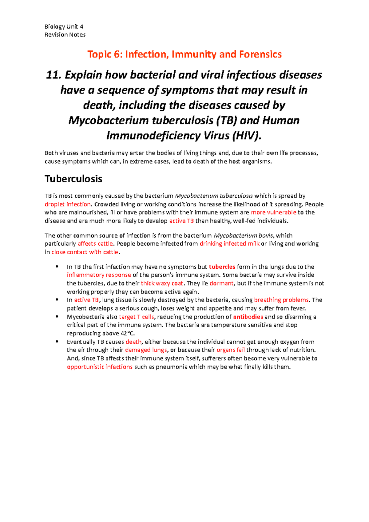 3 for HIV and TB tute - Biology Unit 4 Revision Notes Topic 6 ...