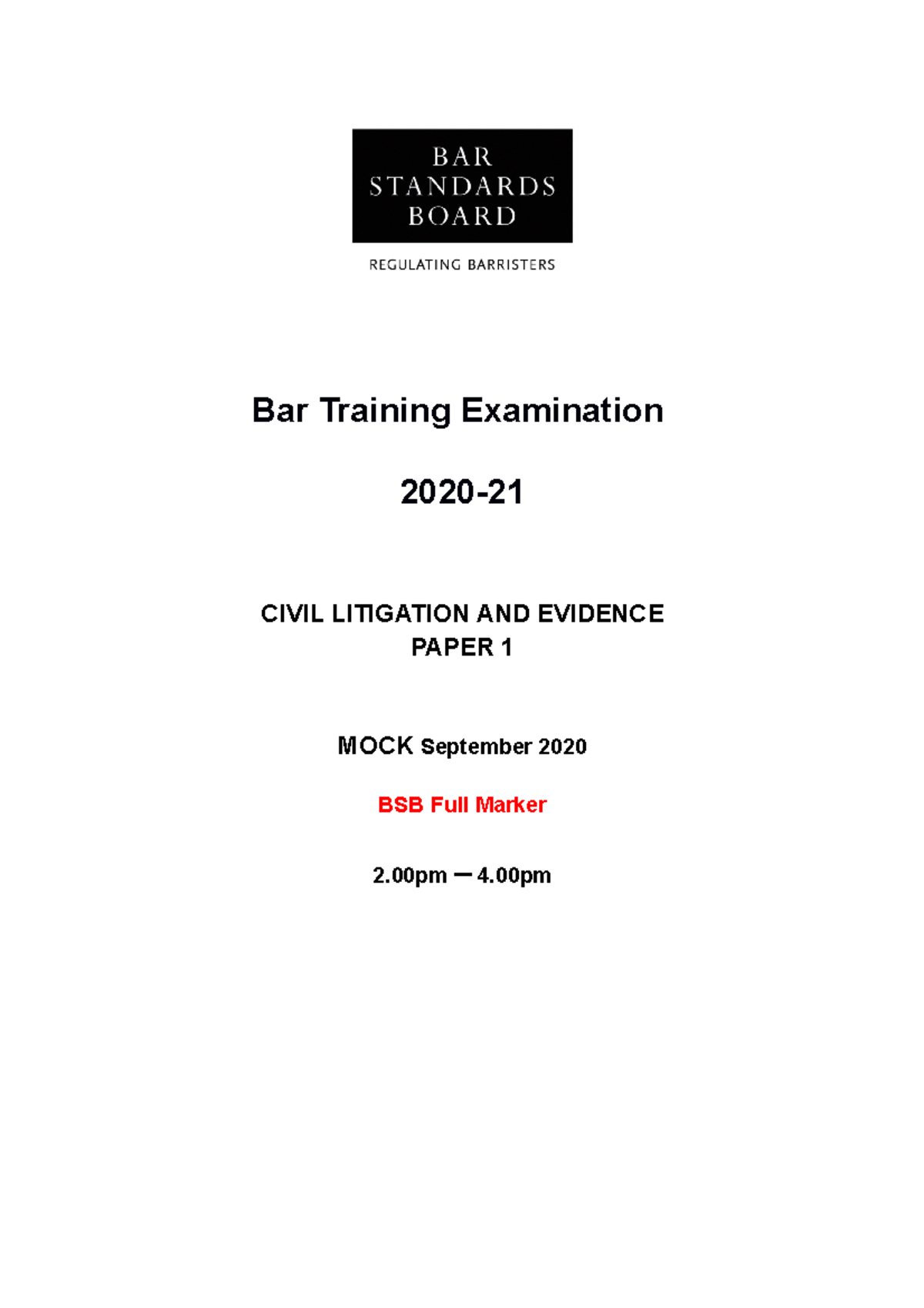 Mock Paper 1 - September 2020 - Bar Training Examination 2020- CIVIL ...