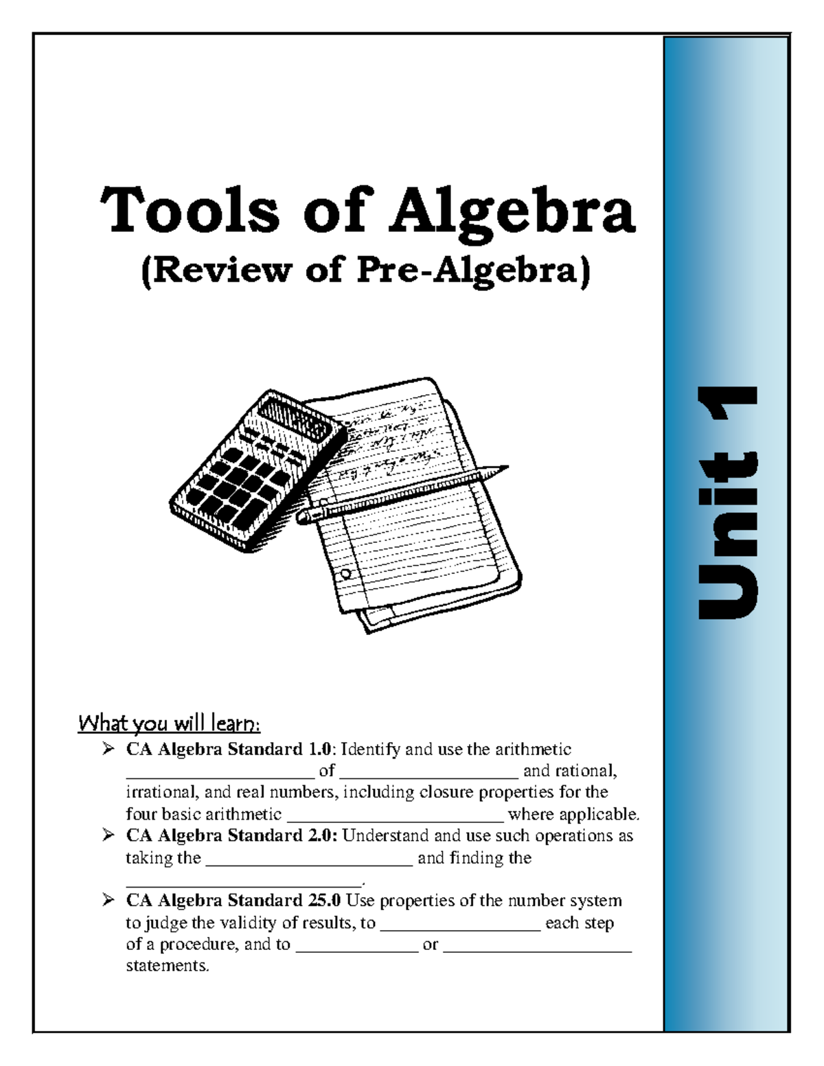 Algebra Guided Presentation Notes Unit 1-1 - Tools of Algebra (Review ...