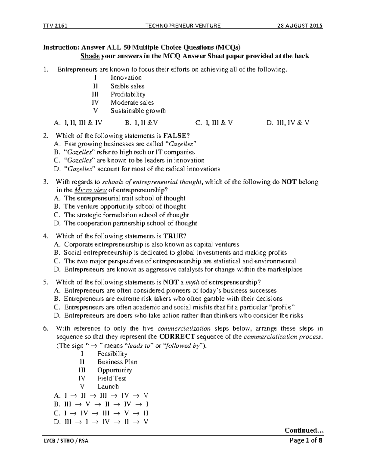 Ttv Midterm 2015 Practice Tests Instruction Answer All 50 Multiple Choice Questions Mcqs