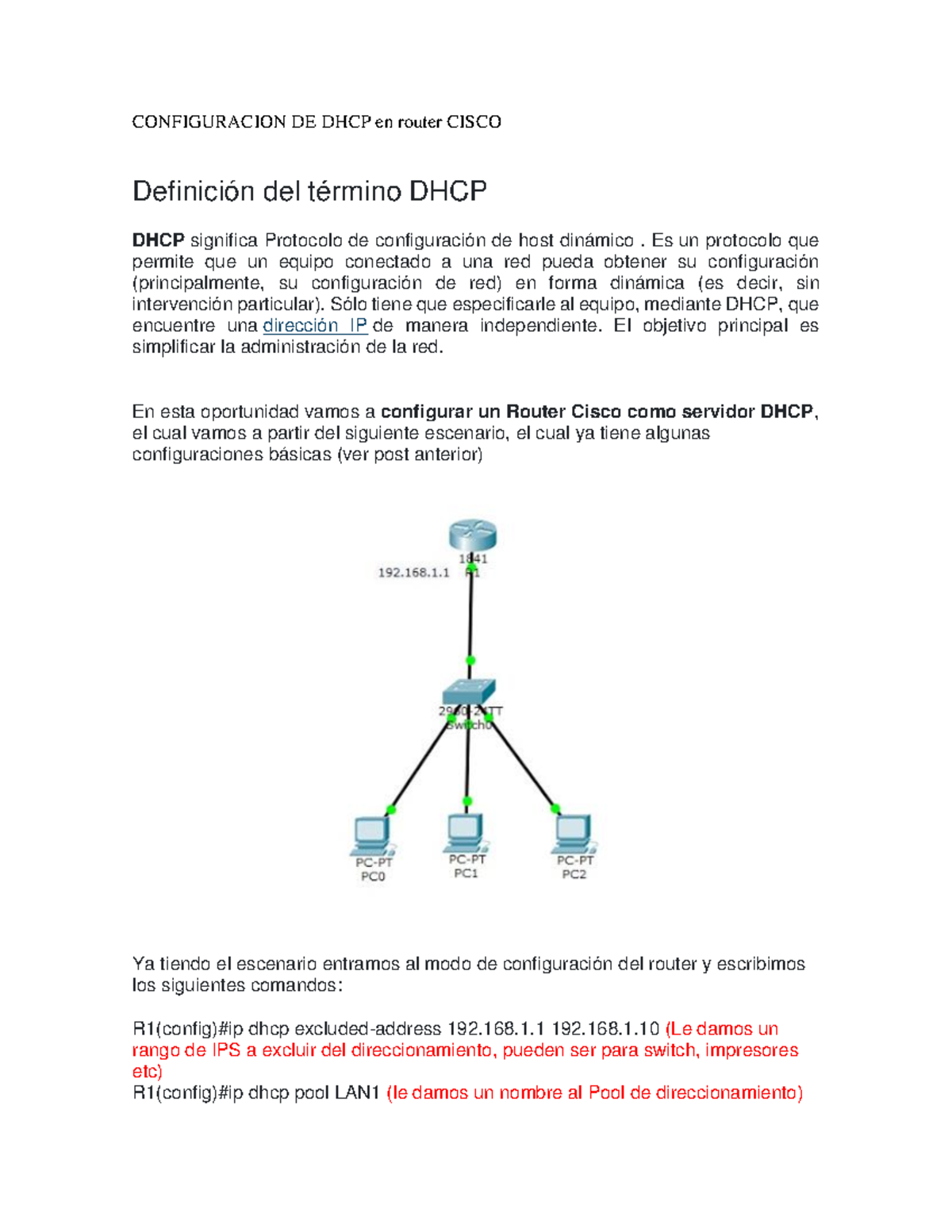 Configuracion DE DHCP en router Cisco - CONFIGURACION DE DHCP en router CISCO Definición del ...