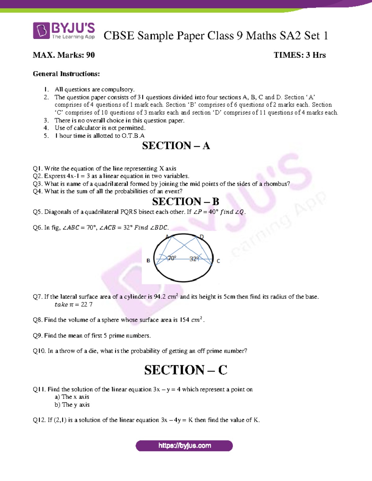 CBSE Class 9 Maths Sample Paper SA2 Set 1 - CBSE Sample Paper Class 9 ...