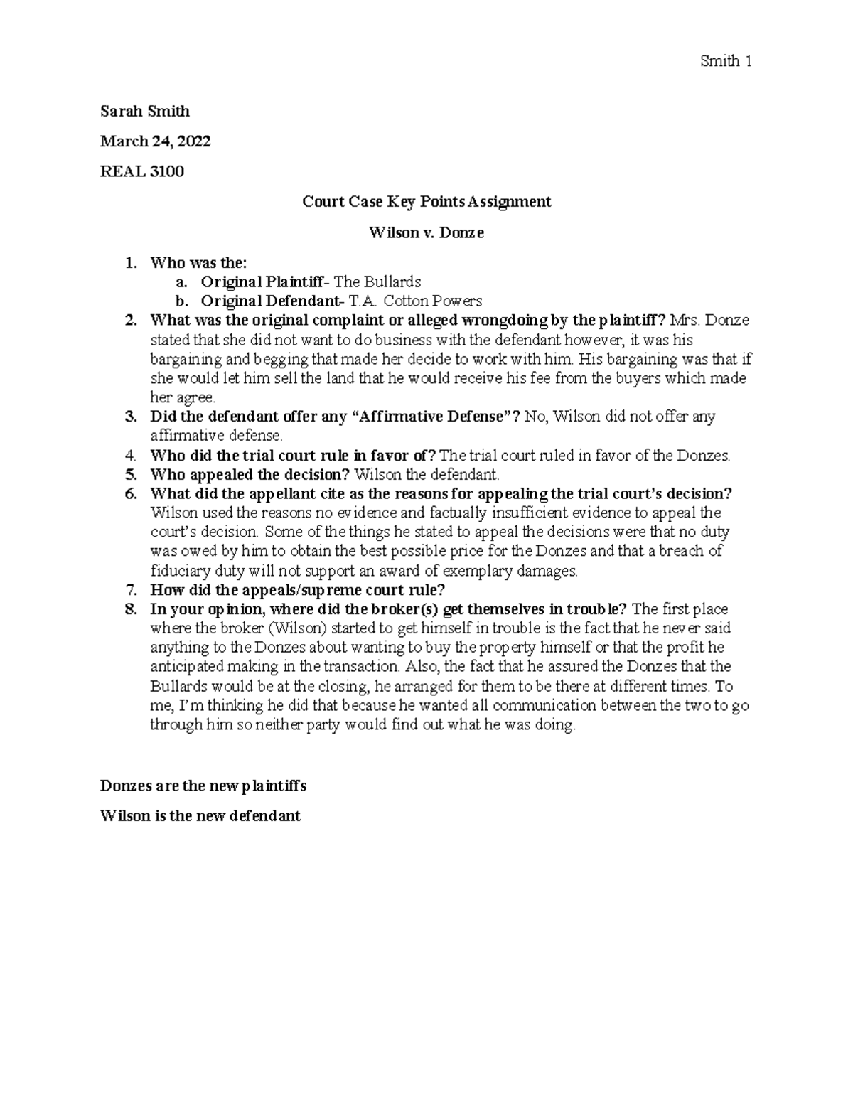 Court Case Key Points Assignment - Smith 1 Sarah Smith March 24, 2022 ...