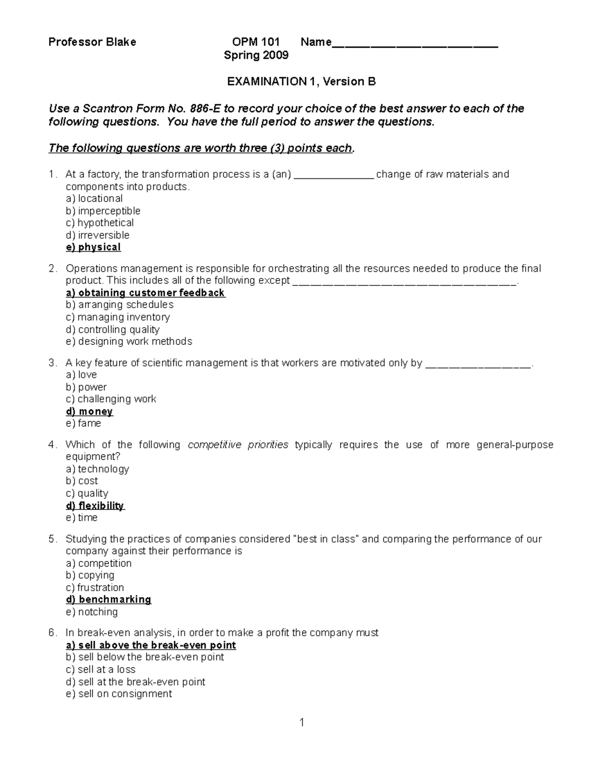 Opm101exam1vbkey - Operation management 101 answer key - Spring 2009 ...