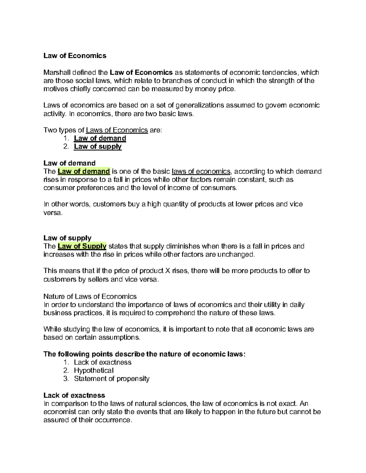 MGT-ECON2 - notes from my class - Law of Economics Marshall defined the ...