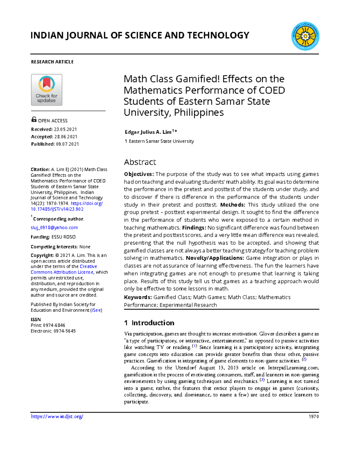 Math Class Gamified Effects on the Mathe - INDIAN JOURNAL OF SCIENCE ...